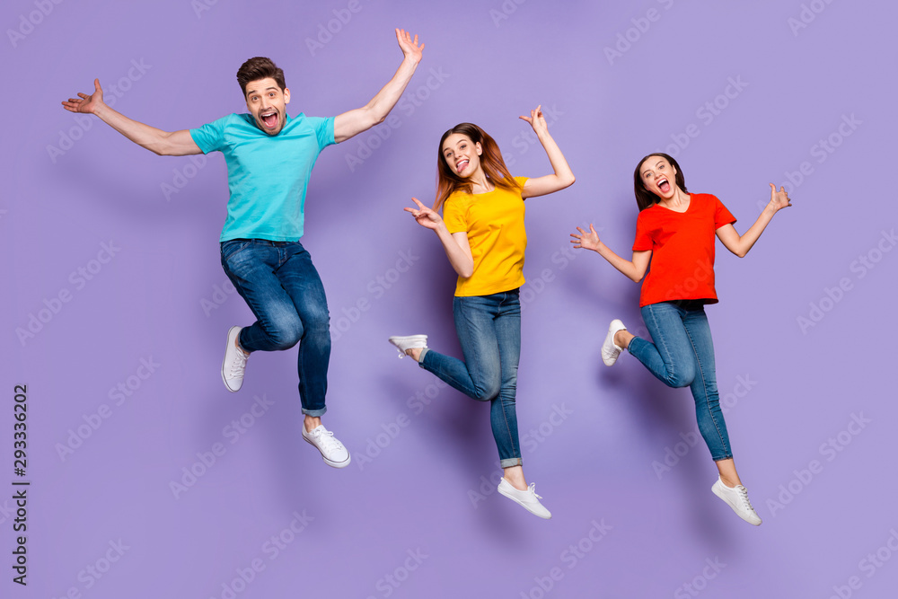 Full length body size photo of group crowd of three carefree hipsters ...