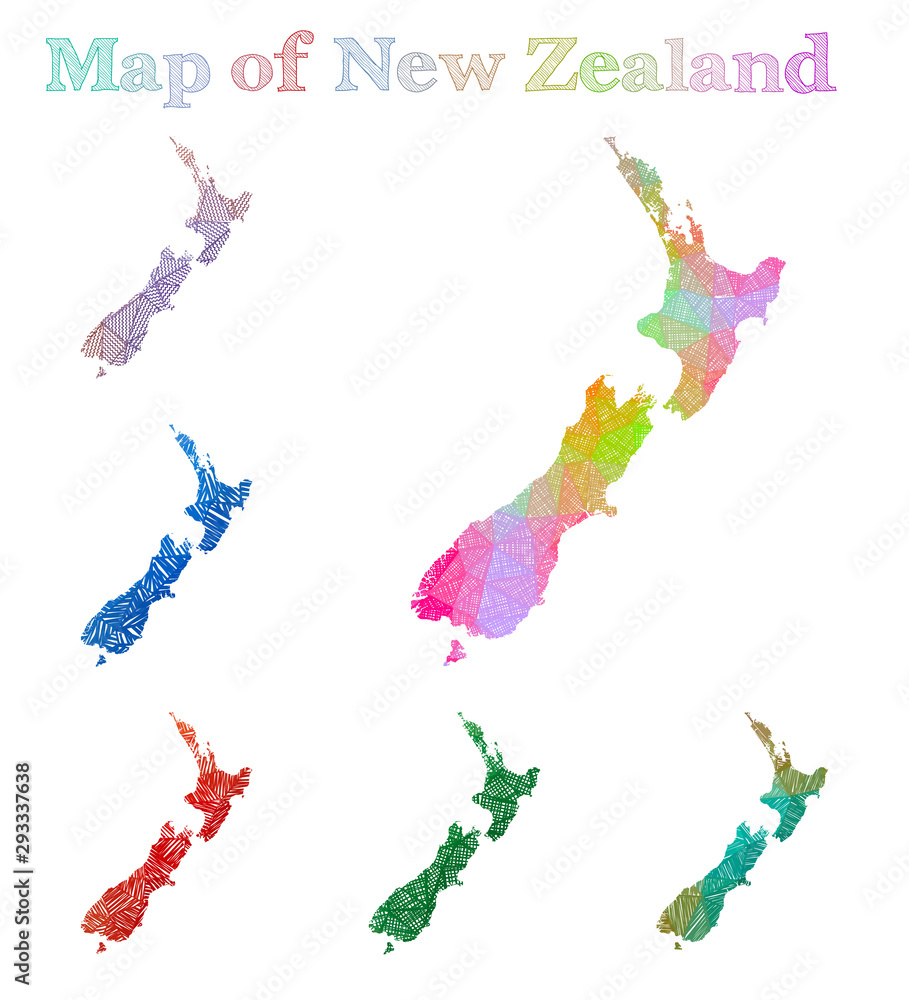 Hand-drawn map of New Zealand. Colorful country shape. Sketchy New ...