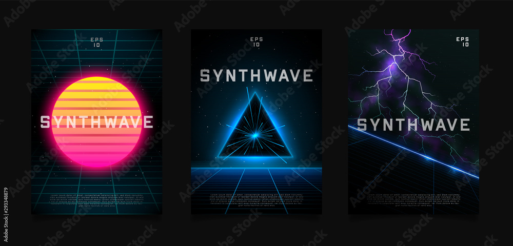 Synthwave flyer design. Retrowave sun on starry space background with ...