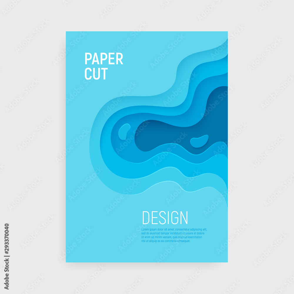Blue paper cut banner with 3D slime abstract background and blue waves ...
