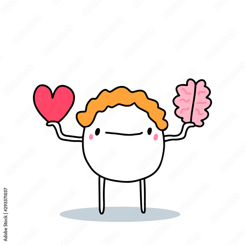 Cartoon man choosing between heart love passion and reason logic brain ...
