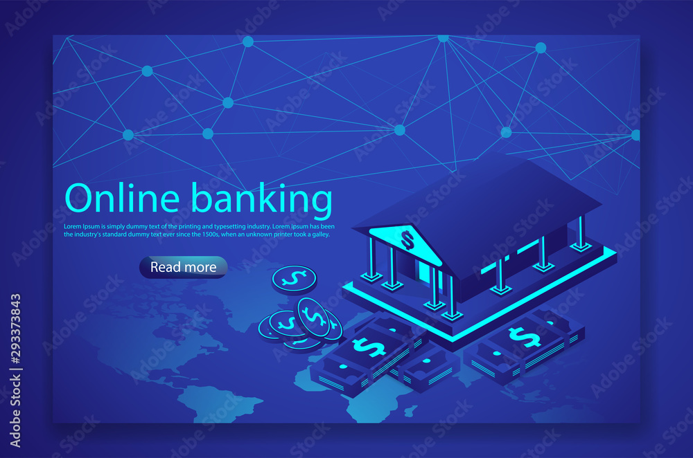 Online business and financial concept. Isometric banking with dollar ...