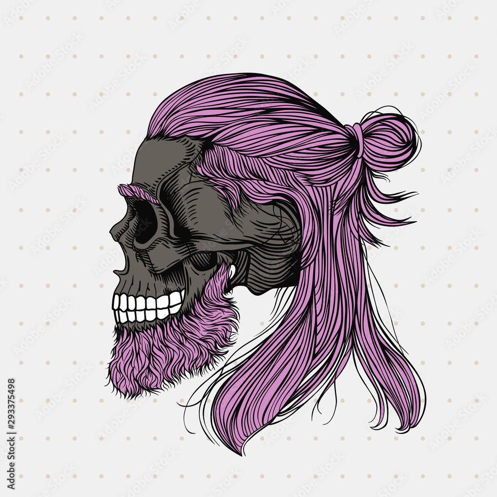 Bearded skul with long hair wrapped in a bun. Stylish men's hairstyle ...