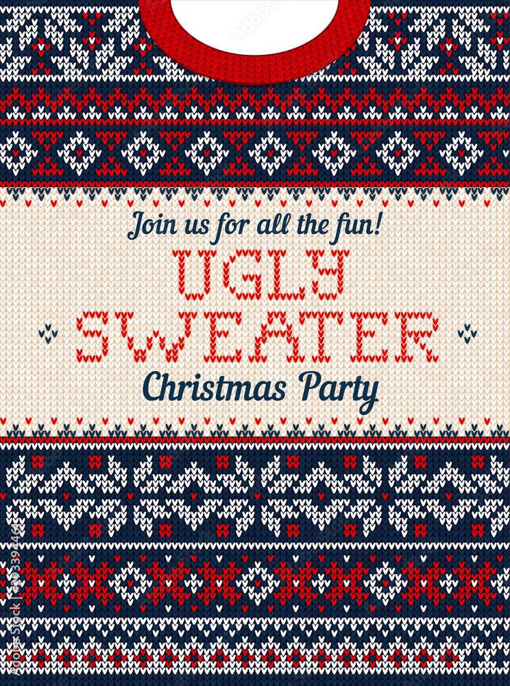 Ugly sweater Christmas party invite. Knitted background pattern ...