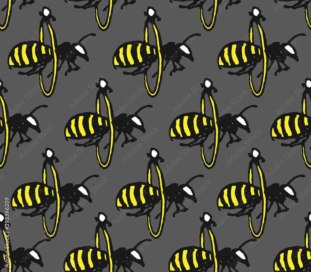 Seamless texture with Ink drawn bees flying through the ring. Hand made ...