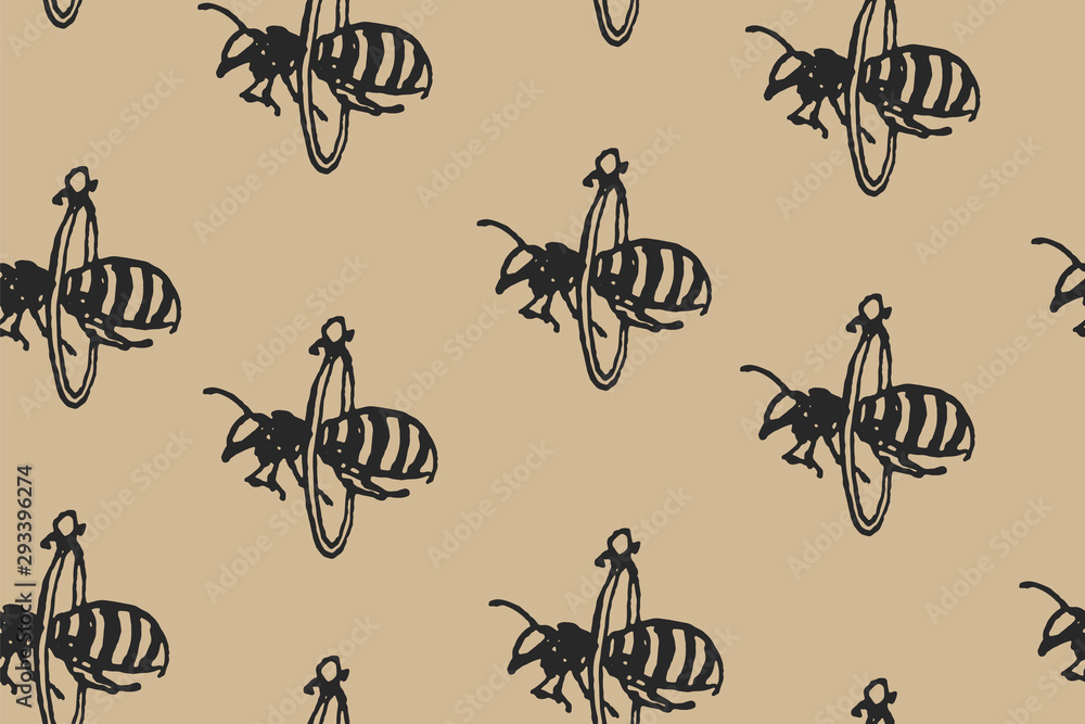 Seamless texture with Ink drawn bees flying through the ring. Hand made ...