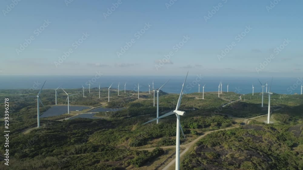 Aerial view of wind turbines for electric power production on the ...
