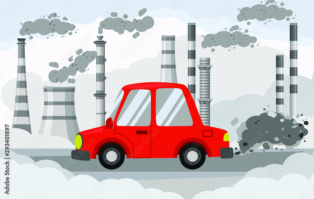 Car air pollution. City road smog, factories smoke and industrial ...