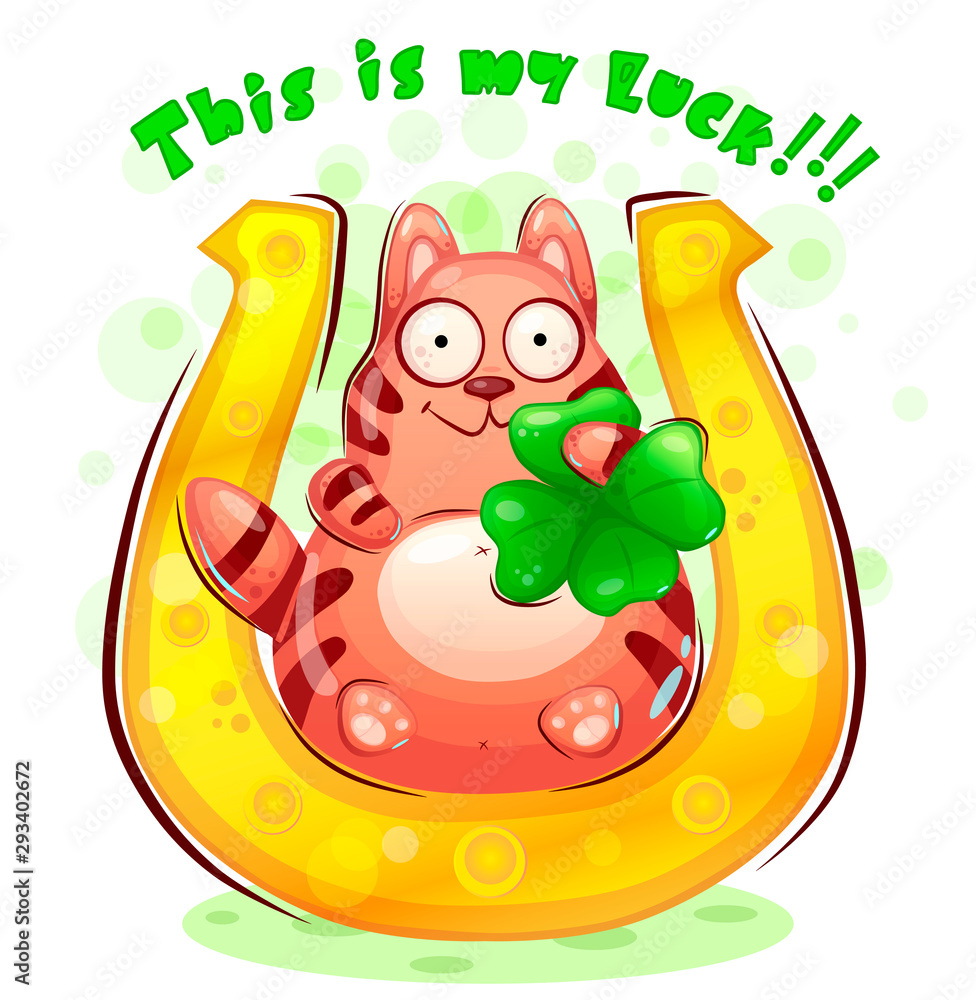 Cartoon cat sits on a horseshoe of good luck and holds a four-leaf ...