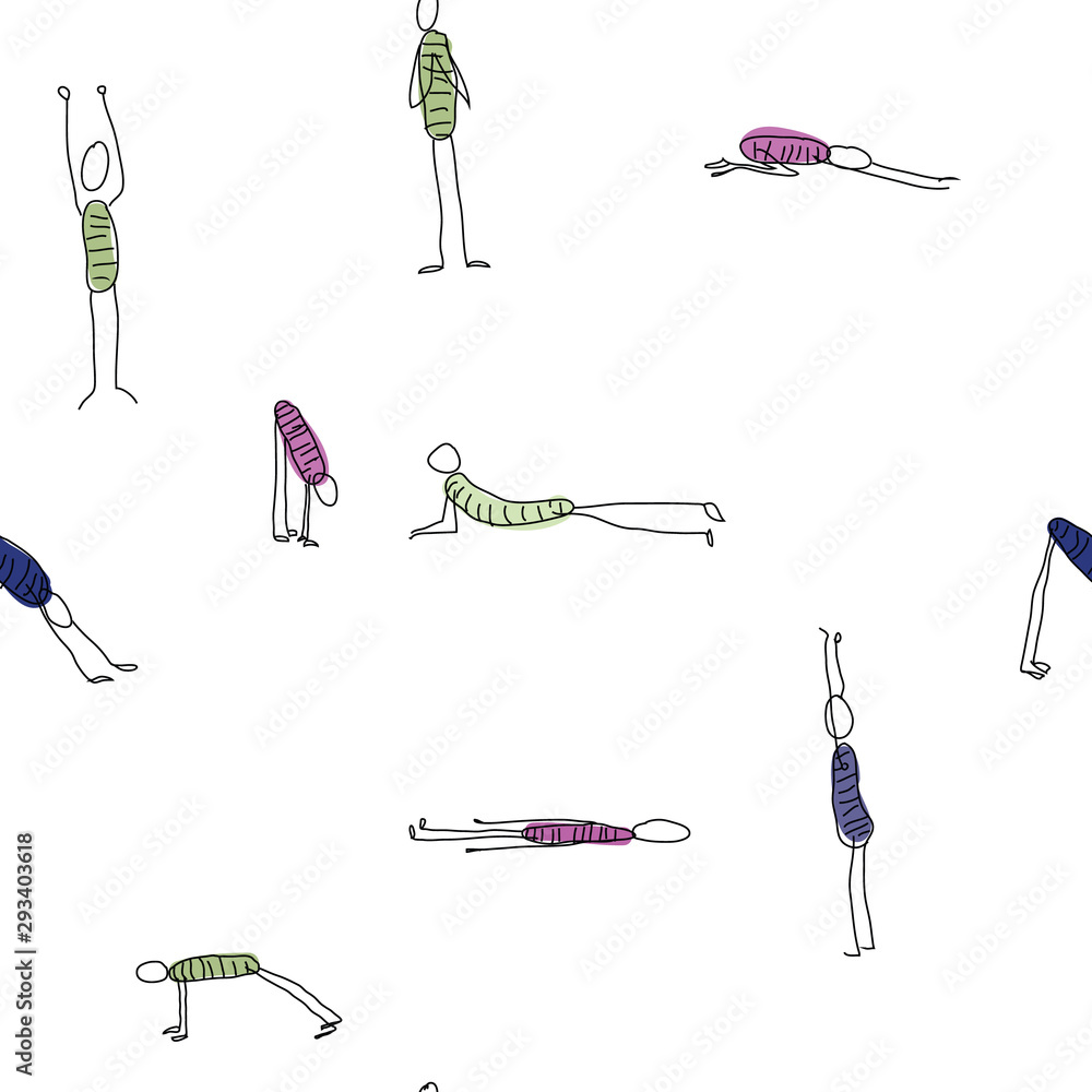 Doodle stick figure seamless repeat with person exercising various ...