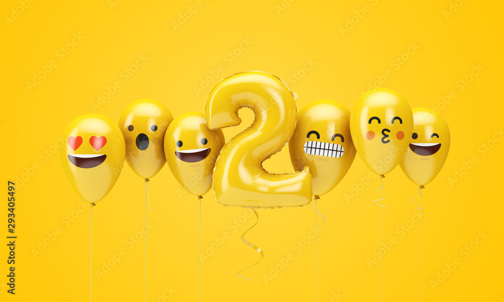 Number 2 yellow birthday emoji faces balloons. 3D Render Stock ...