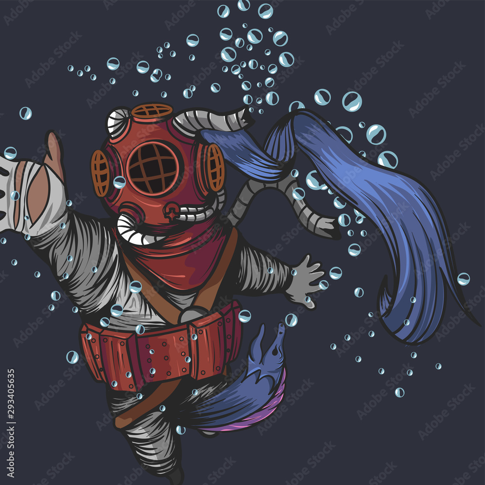 Old diver suit with eel monster eating the diver on the deep sea Stock ...