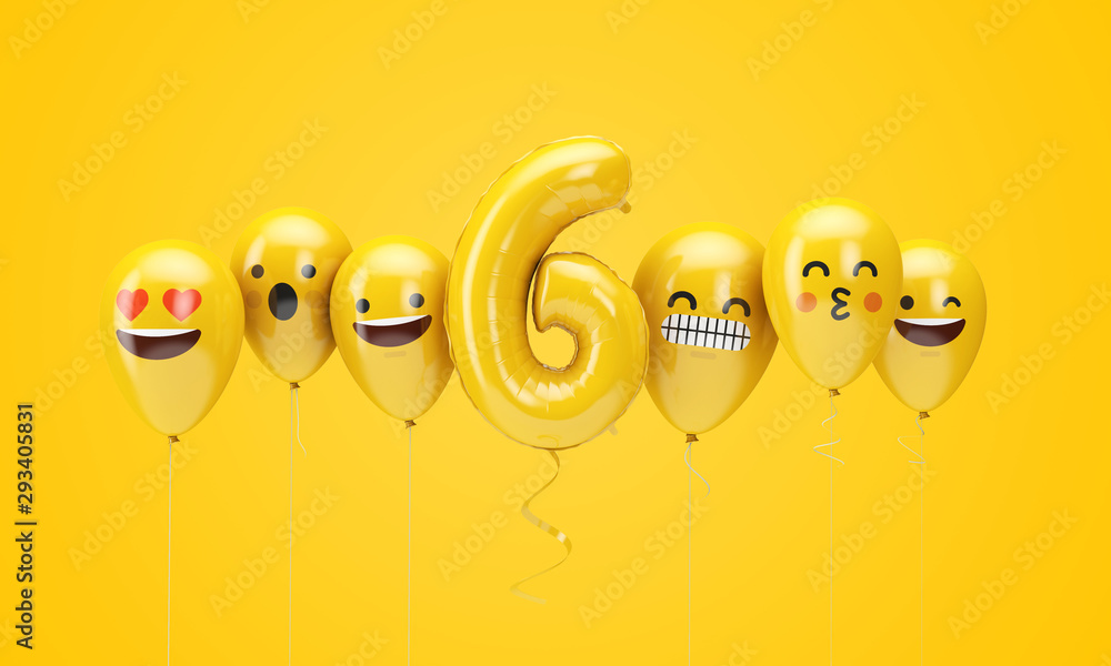 Number 6 yellow birthday emoji faces balloons. 3D Render Stock ...