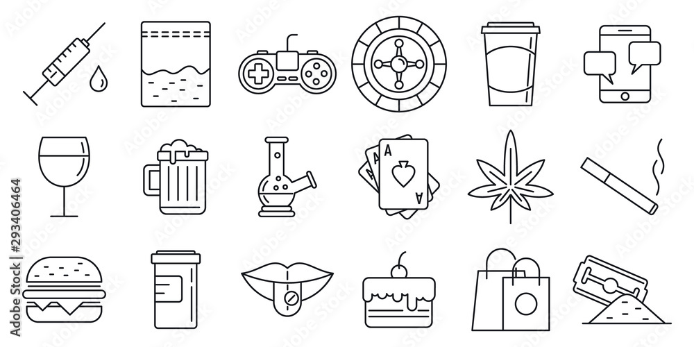 Addiction icons set. Outline set of addiction vector icons for web ...