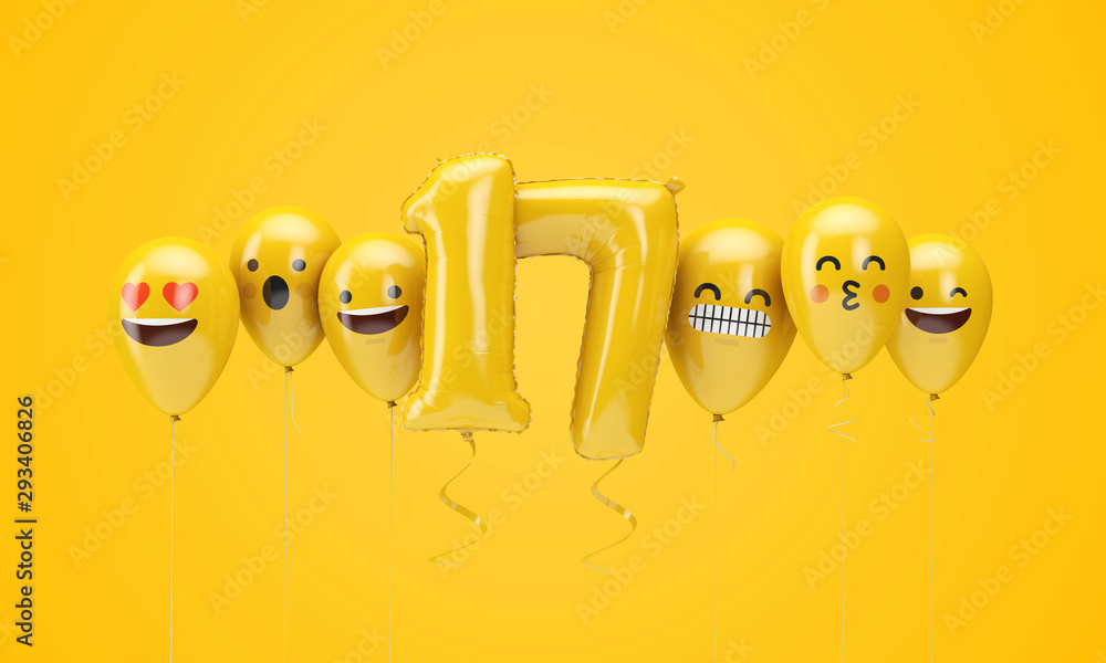 Number 17 yellow birthday emoji faces balloons. 3D Render Stock ...