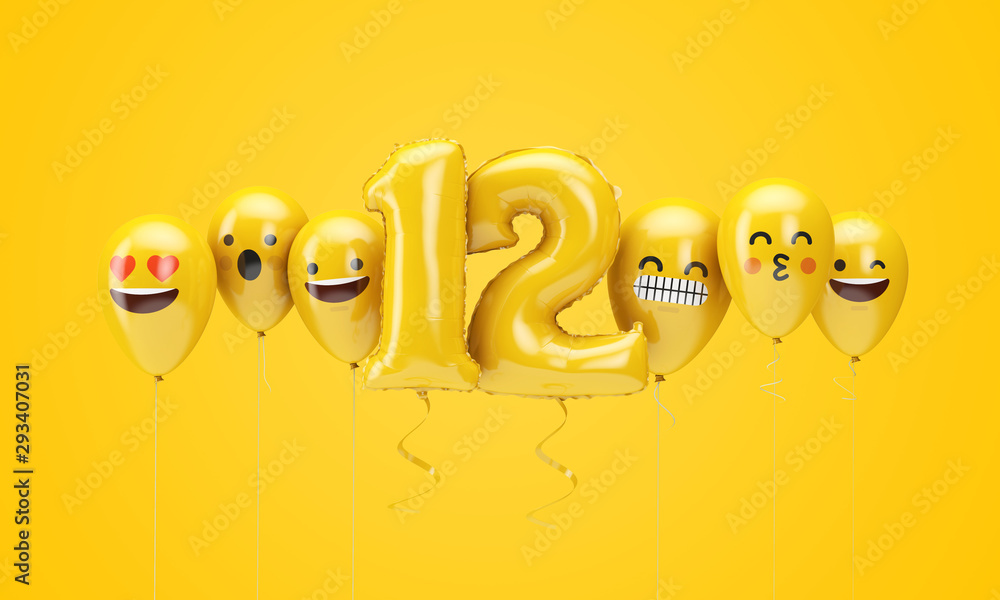 Number 12 yellow birthday emoji faces balloons. 3D Render Stock ...