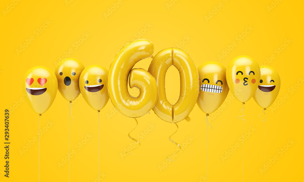 Number 60 yellow birthday emoji faces balloons. 3D Render ilustración ...