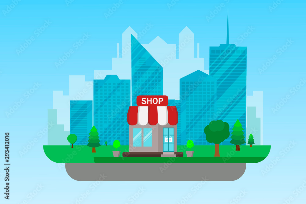 Private store building. Store building near park with trees and big ...