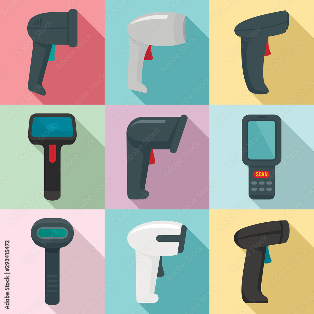 Barcode scanner icons set. Flat set of barcode scanner vector icons for ...