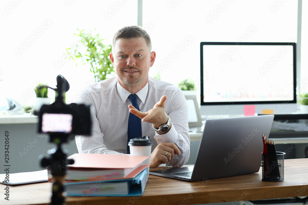 Adult caucasian businessman make online workshop presentation against ...