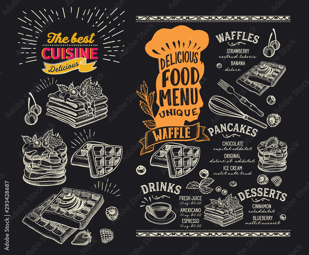 Waffle and pancake food menu template for restaurant with lettering ...