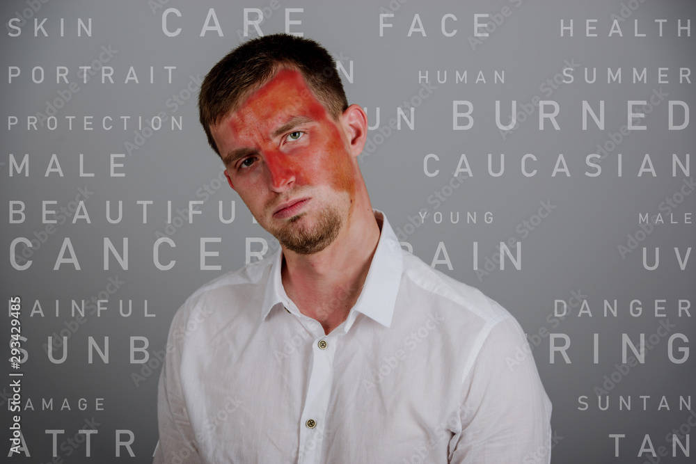 sad worried indifferent man with a sunburned face. With background made ...