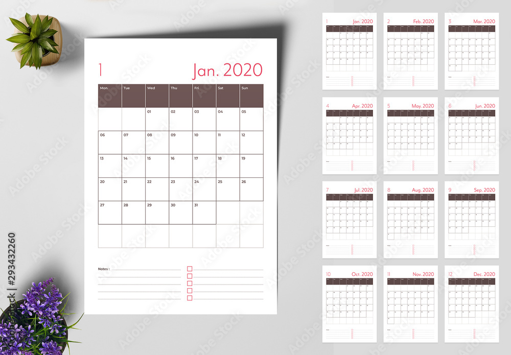 Calendar Planner Layout with Dark Brown and Red Accents Stock Template ...