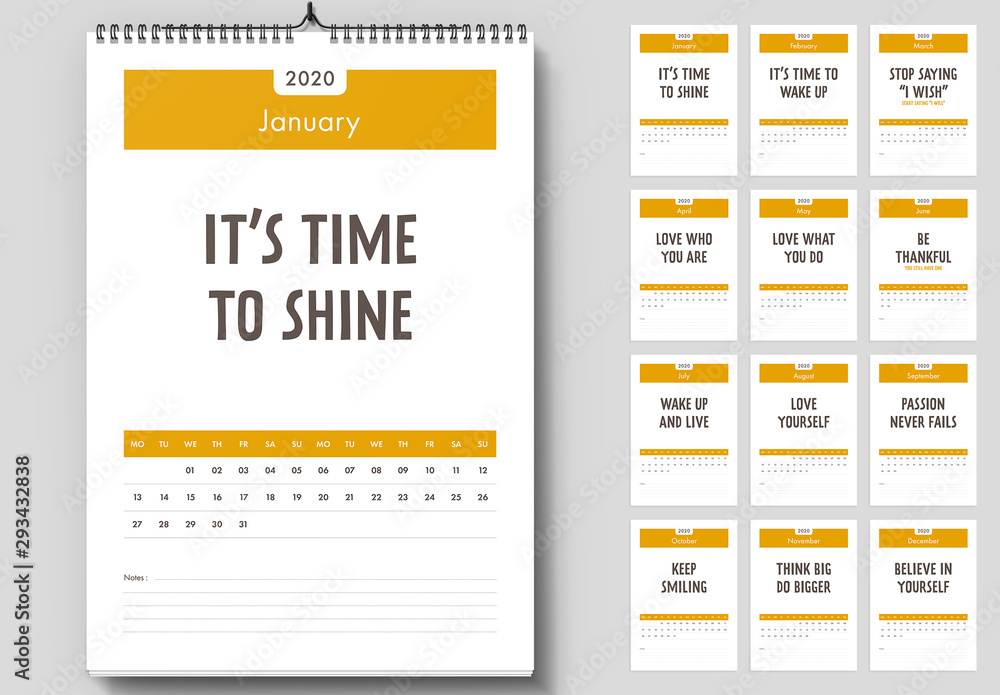 Wall Calendar Layout with Orange Accents Stock Template | Adobe Stock