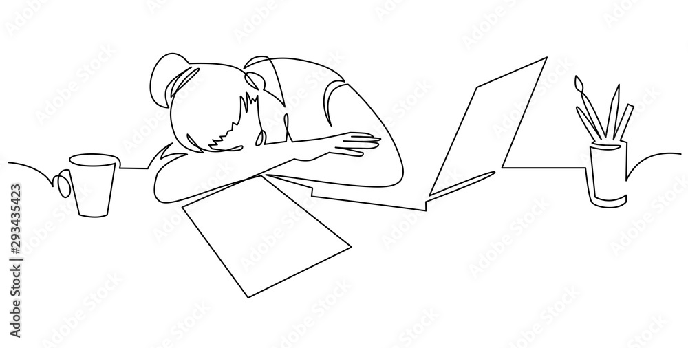 Girl sleeping on desk continuous one line drawing . Tired woman ...