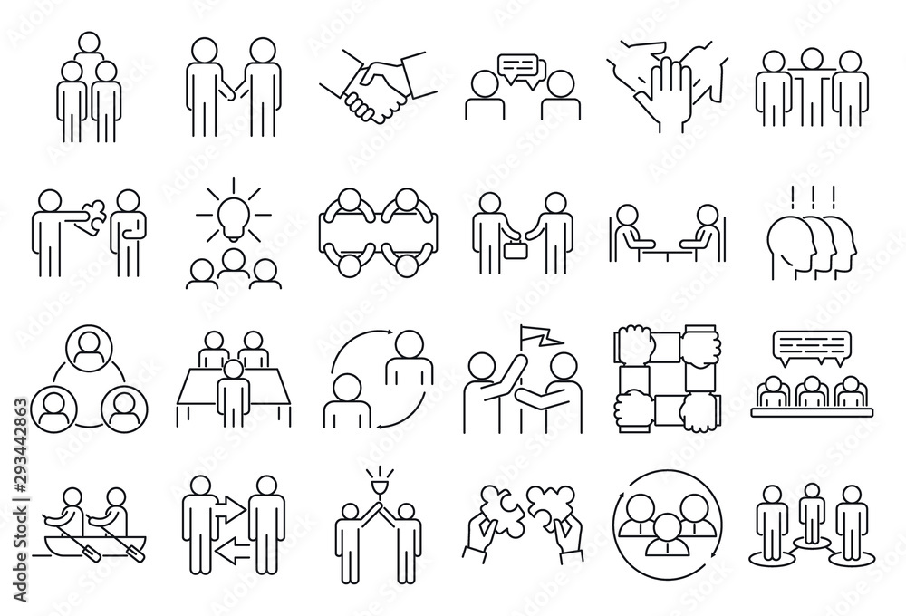 Business cooperation icons set. Outline set of business cooperation ...