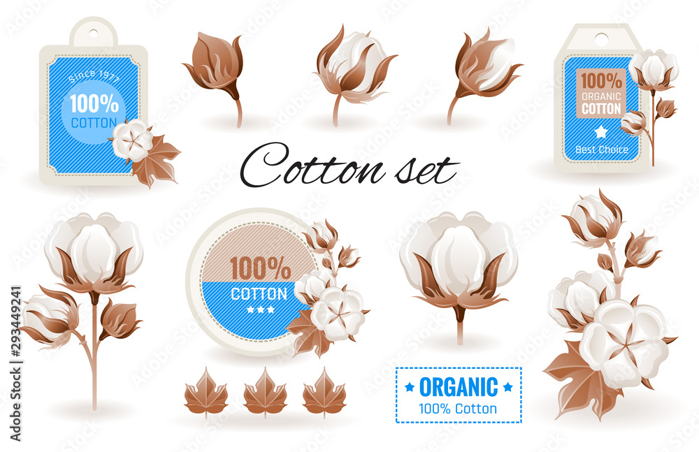 Eco Cotton label design flower set. 100 bio organic cotton tag icon ...
