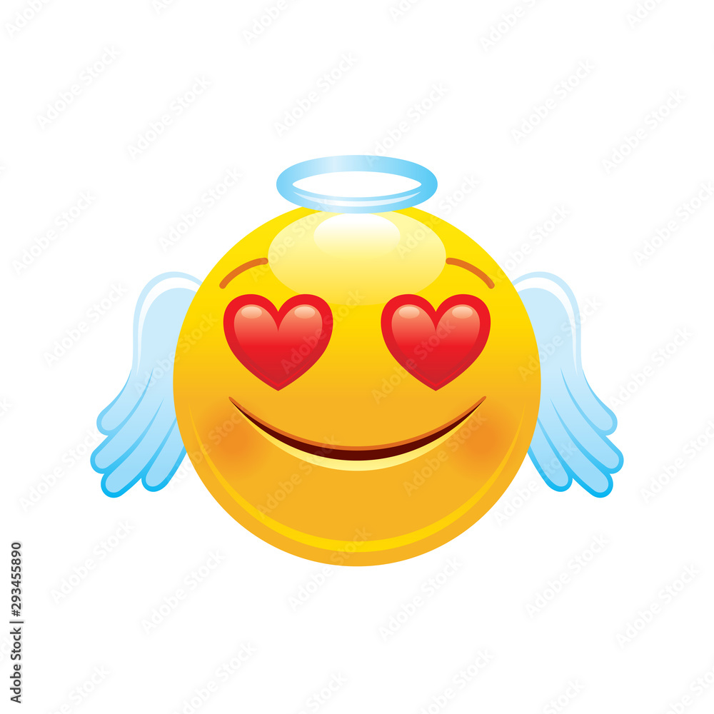 Angel with hearts emoji icon. 3d face smile for love chat, message ...