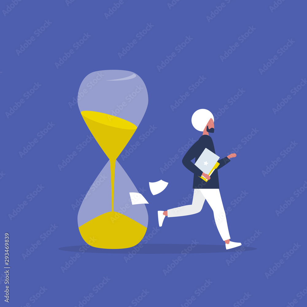 Running out of time. Sand glass. Young indian male character hurrying ...