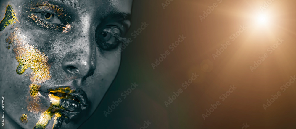 Gold Paint smudges drips from woman face, lips and hand, lipgloss ...