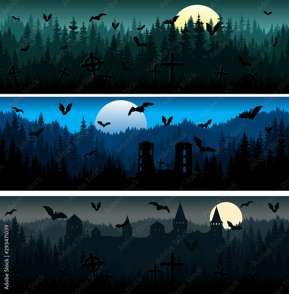 set of vector Scary Halloween mountains forest background texture ...