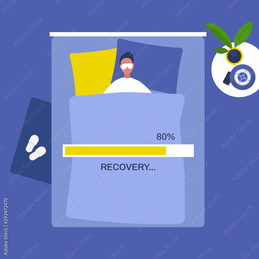 Recovery conceptual illustration. Young character sleeping in bed ...