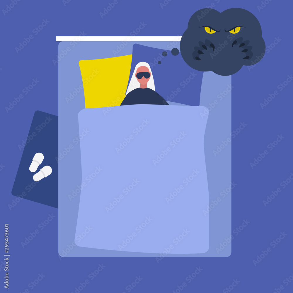 Nightmare. Young female character sleeping in bed, Night time. Monster ...
