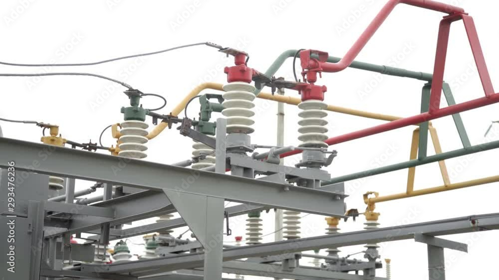 Electrical poles with wires and insulators at the electrical substation ...