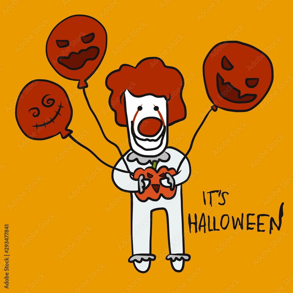 Scary clown with red balloon, Happy Halloween cartoon vector ...