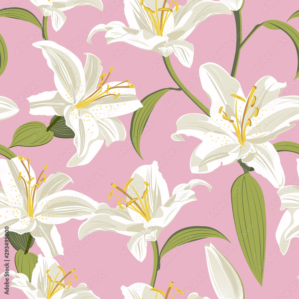 Lily flower seamless pattern on pink background, White lily floral ...