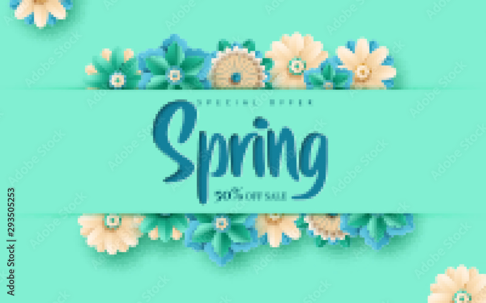 Spring sale. Bright advertising background with flowers, text. The ...