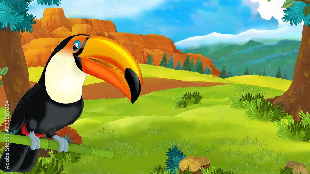 cartoon scene with happy toucan sitting on some branch and looking ...