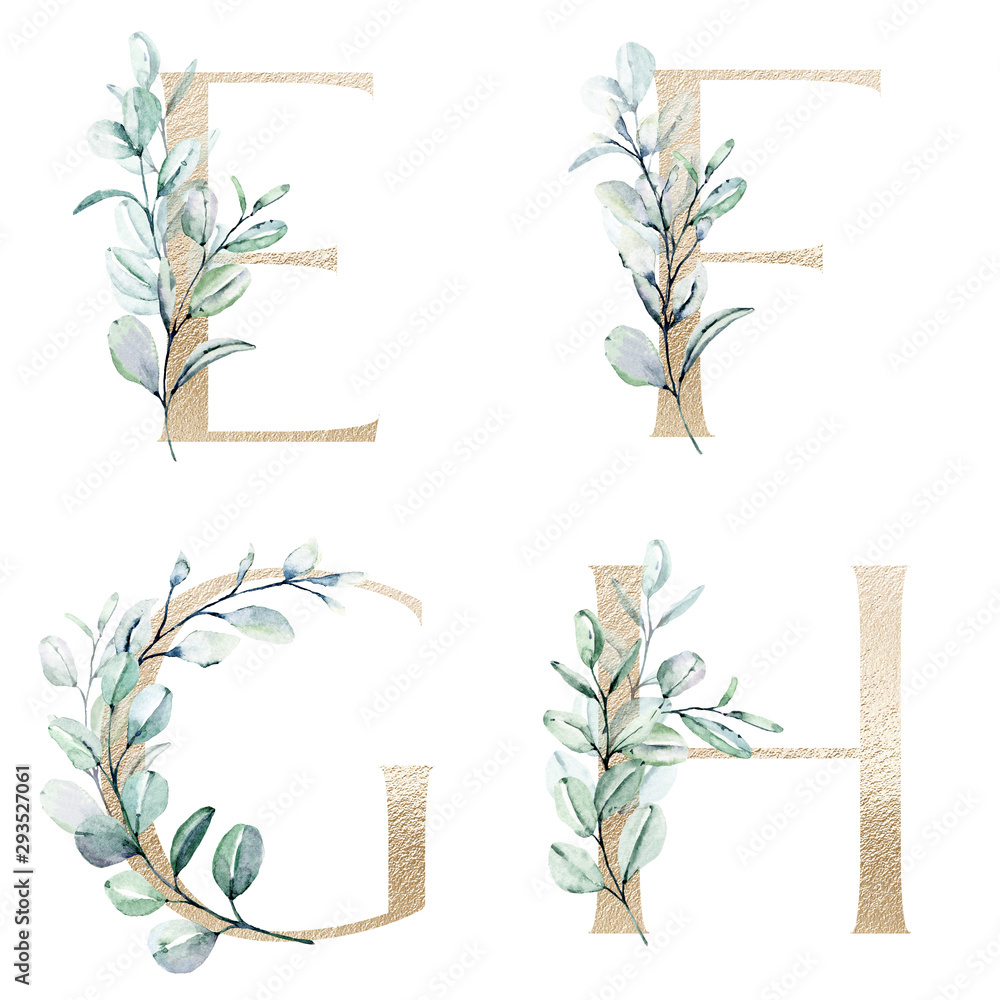 Floral gold alphabet, set letters with watercolor leaf eucalyptus ...
