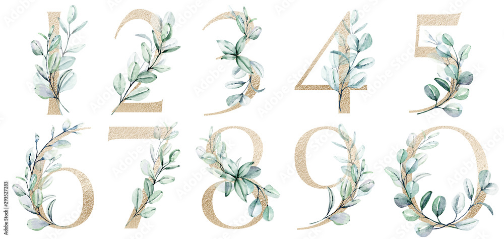 Gold number set with watercolor leaf eucalyptus. Perfectly for wedding ...