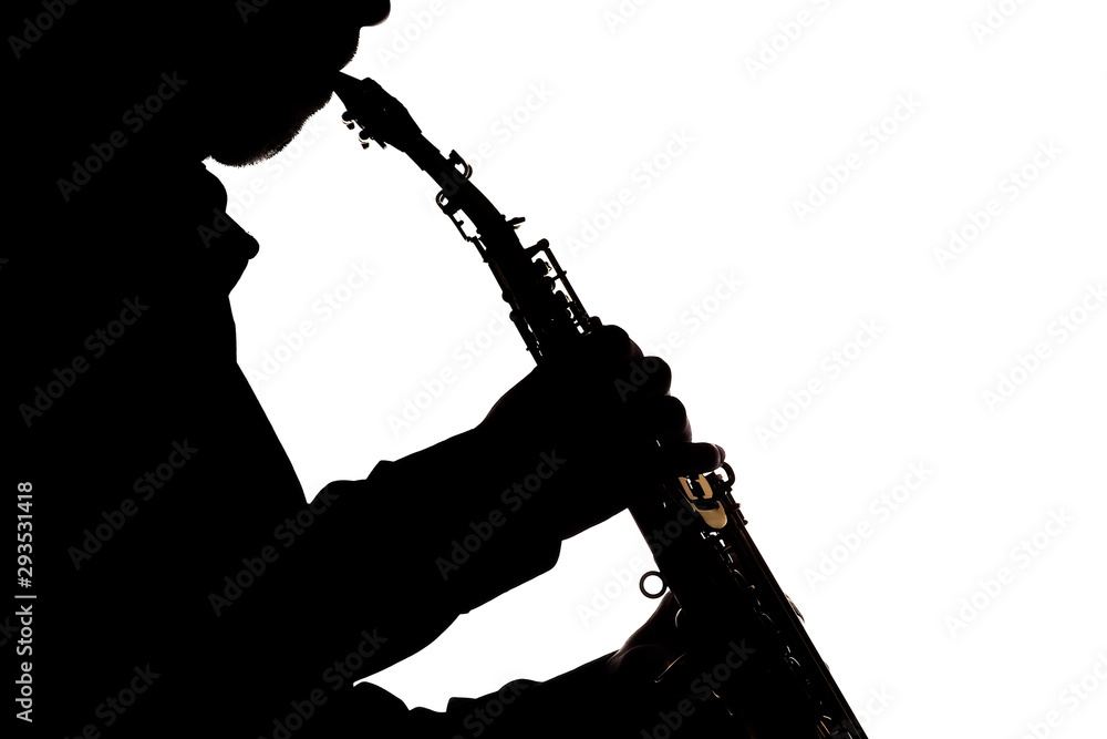 saxafon on a white background in the hands of a musician silhouette ...