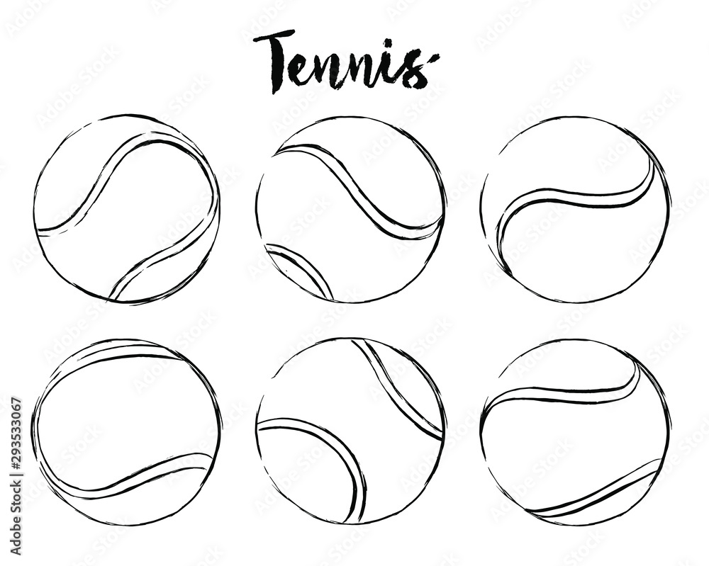 set of tennis ball hand drawn brush strokes, black outline on white ...