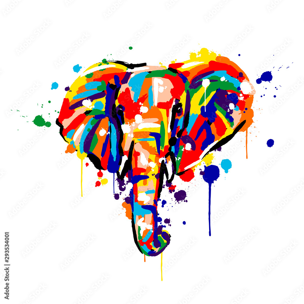elephant color, brush strokes and splashes, elephant face, vector ...