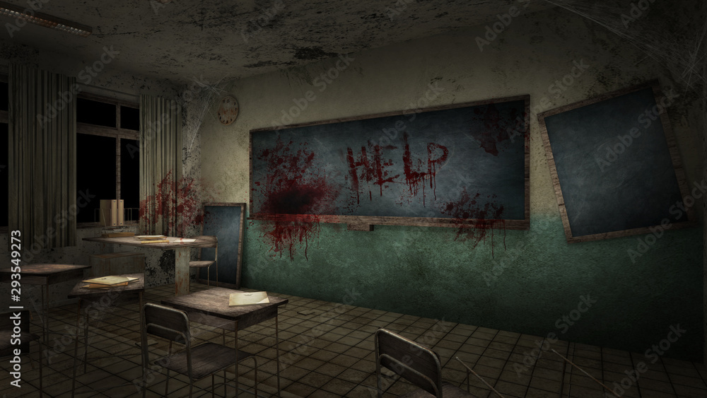 horror and creepy classroom in the school with text help blood. 3D ...