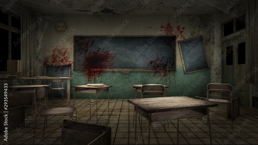 horror and creepy classroom in the school with blood. 3D rendering ...