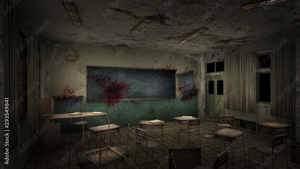 horror and creepy classroom in the school with blood. 3D rendering ...
